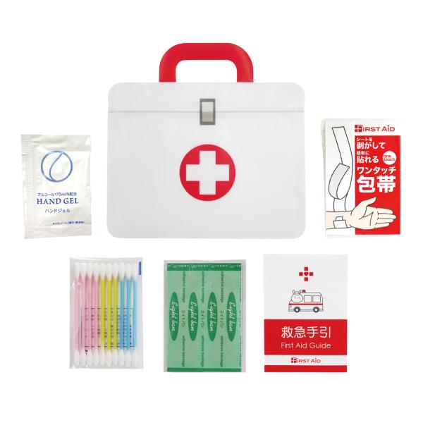 キュートな救急箱型のジッパーバッグにセットしました。手引きには応急処置のヒントなどまとめられています。現品サイズ； ケース/140×138×50mm商品の重量； 20ｇパッケージ形態：カートン入数； PP袋：300個パッケージサイズ； 16...