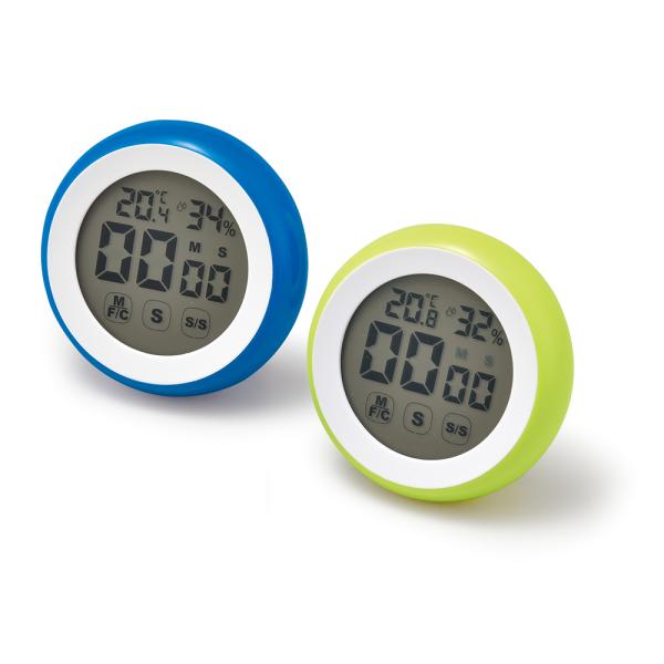 "画面タッチで操作可能。気温・湿度の確認もできます。サイズ Φ90×25mmカラー ブルー・グリーン個装形態 箱入箱サイズ／96×96×35mm入数 100（50×2）素材 ABS備考 単４電池2本別売。カートンサイズ：約 縦52×横40×...