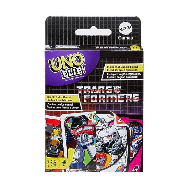 クラシックなUNO Flipゲームプレイは、トランスフォーマーの映画、テレビ番組、コミックのキャラクターにインスパイアされたグラフィックが特徴です。オートボットサイドとディセプティコンサイドを備えた両面デッキが特徴で、ディセプティコンサイド...
