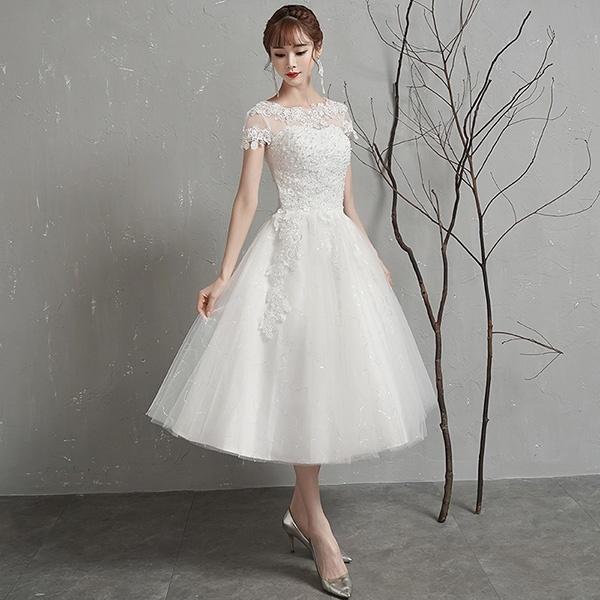 ウエディングドレス Aライン 結婚式 ミモレ丈 袖あり ラウンドネック