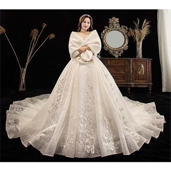 ウェディングドレス 花嫁 Vネック レース ぽっちゃり 結婚式 編み上げ