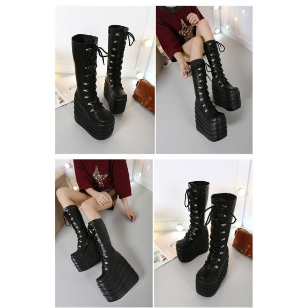 【送料無料】超厚底 ロングブーツ 靴 春秋  シンプル PU 超厚底 ヒール11cm 16cm シューズ 厚底  ストラップ ブラック 黒 ホワイト 白 コスプレ ゴシック fullgrace_di771c0_10