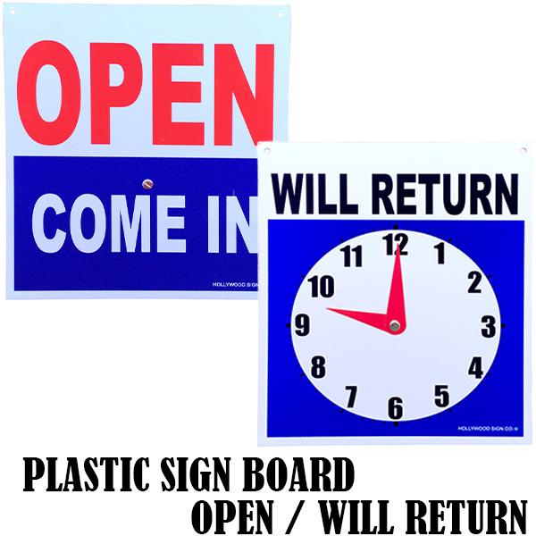 商品説明:OPEN &amp; WILL RETURNのプラスチック サインボードアメリカのショップの入口でよく目にするオープン＆クロックのプラスチックサインボード。店主がちょっとお店を開けるときに、何時に帰ってきますので...とお客さんに...