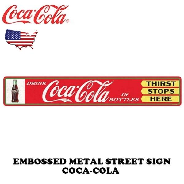 アメリカ直輸入のアメリカン雑貨！横長ビッグサイズのコカコーラ ブリキ看板世界中で愛される**コカ・コーラ（Coca-Cola）のクラシックデザイン、 「THIRST STOPS HERE」のメッセージが印象的な エンボス加工のメタルストリー...