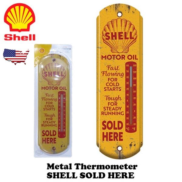 アメリカ直輸入SHELLのメタル温度計！SHELL シェルの壁掛けタイプのアナログ サーモメーター(温度計)です。アメリカのガレージにありそうなサーモメータ―（温度計）スチール製でダメージのあるヴィンテージ調のデザイン、大きめのサイズ感で見...
