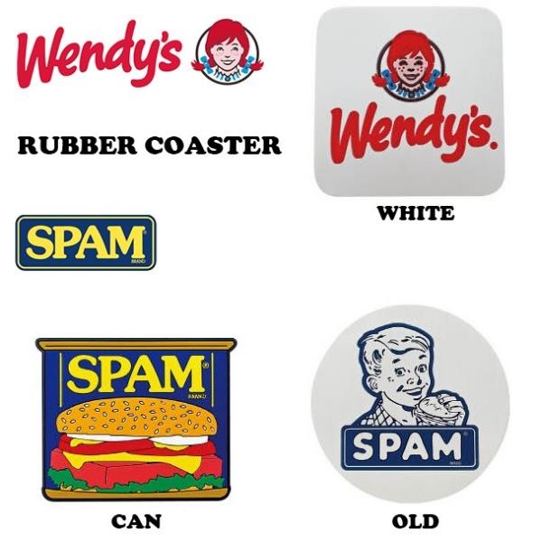 アメ雑好きなら大好き♪アドバタイジング コースターWENDY'S /ウェンディーズとSPAM / スパムのラバー製コースター！滑らなくて洗いやすい素材で 表面の凹凸が水滴をキャッチします♪使わない時でもテーブルに置いてあるだけで、アメリカン...