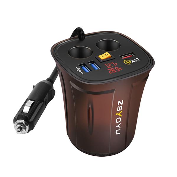 お車のカップホルダーに収まる7in1カーチャージャーです。電圧計・温度計もLED表示し、これ1台でオールマイティーに活躍してくれます。◯あらゆるソケットと機能を集結急速充電USBポート×1、USBポート×2、シガーソケット×2、電圧計、温度...