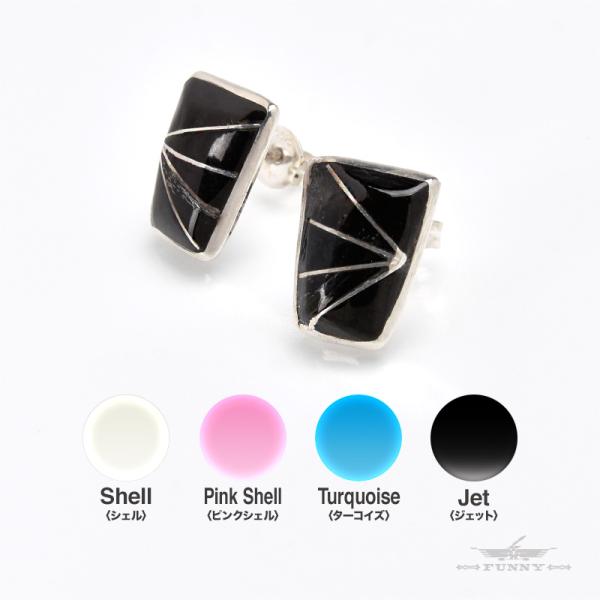 【部族】ZUNI（ズニ）【作者】Evelyn Mahkee【品名】EARRINGS（イヤリング［ピアス］）【素材】スターリングシルバー【石】シェルピンクシェルターコイズジェット【サイズ】W 約10mm × H 約12mm※インディアンジュエ...