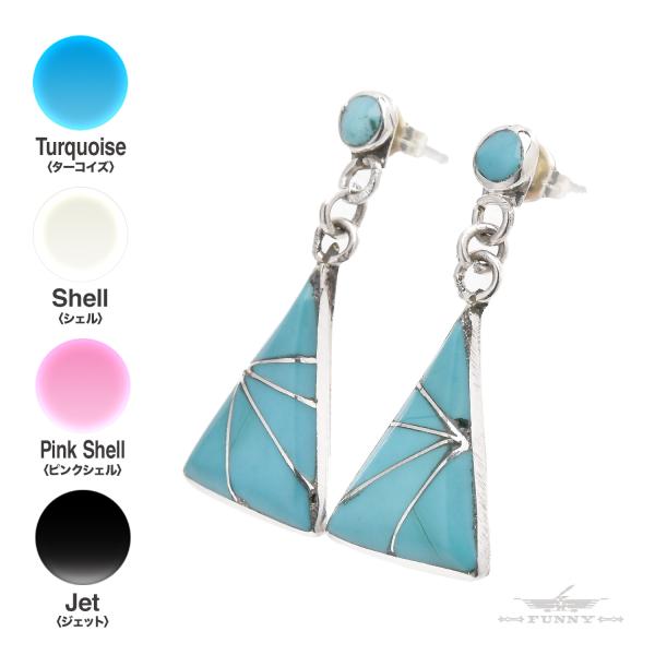 【部族】ZUNI（ズニ）【作者】Evelyn Mahkee【品名】EARRINGS（イヤリング［ピアス］）【素材】スターリングシルバー【石】ターコイズシェルピンクシェルジェット【サイズ】A.横幅：13mmC.全長：33mm【商品説明】本製品...