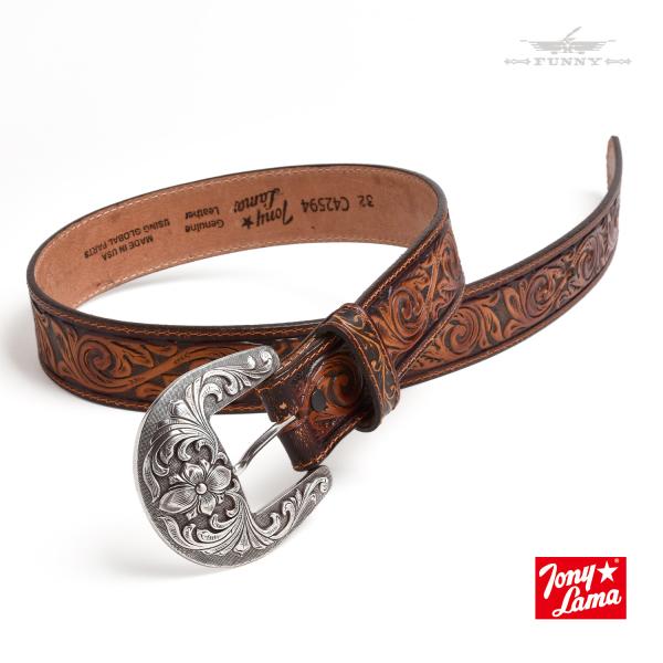 【ブランド名】Tony Lama（トニー・ラマ）【品名】1-1/2" De Leon Belt【品番】#C42594【素材／カラー】本体：牛皮革【サイズ】幅：1.5インチ（約38mm）厚み：約4mm※装飾を除く長さ：バックルピンの根本から中...