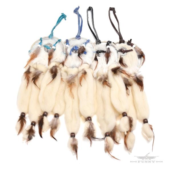 【品名】MANDELLA（マンデラ）【サイズ】Sサイズ／4インチ直径：約10cm全長：約31cm（吊り紐部分を含まない）※本製品はハンドメイドの為サイズには個体差がございます。【素材】ウサギの毛羊毛牛皮革フェザービーズ