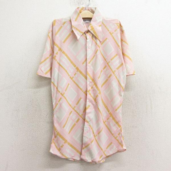 【商品番号】　lba24032401【商品名】　古着 Kマート 半袖 シャツ キッズ ボーイズ 子供服 70年代 70s 総柄 ピンク他【表記サイズ】　18【実寸サイズ】　着丈（肩から裾）65cm　着幅（脇から脇）47cm　肩幅41cm【素...