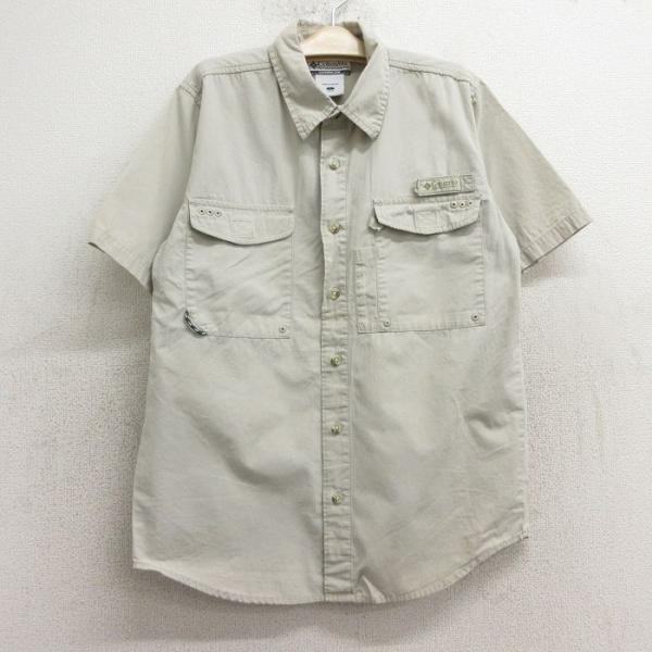 【商品番号】　lba24044010【商品名】　古着 コロンビア 半袖 フィッシング シャツ キッズ ボーイズ 子供服 00年代 00s コットン 薄ベージュ 内側メッシュ【表記サイズ】　L YOUTH【実寸サイズ】　着丈（肩から裾）60c...