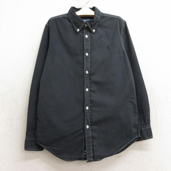 【商品番号】　lba24061701【商品名】　古着 ラルフローレン 長袖 ブランド シャツ キッズ ボーイズ 子供服 ワンポイントロゴ コットン ボタンダウン 黒【表記サイズ】　14【実寸サイズ】　着丈（肩から裾）63cm　着幅（脇から脇...