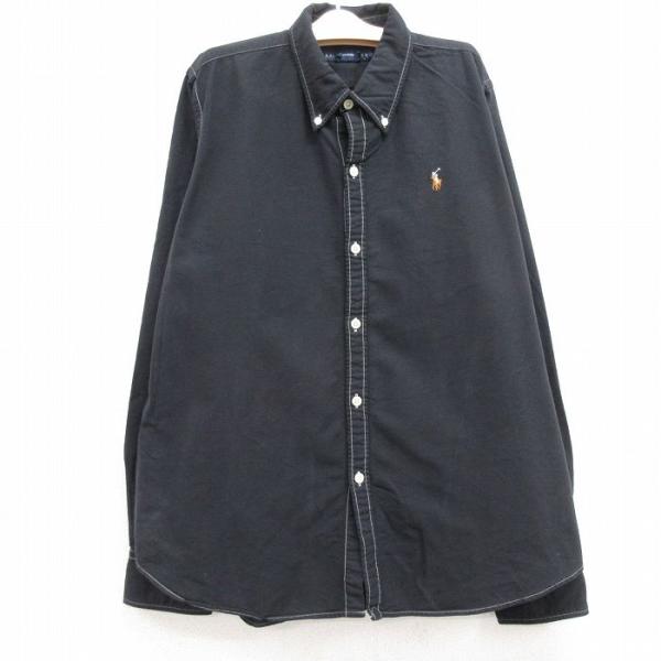 【商品番号】　lba24061990【商品名】　古着 ラルフローレン 長袖 ブランド シャツ キッズ ボーイズ 子供服 ワンポイントロゴ オックスフォード コットン ボタンダウン 黒【表記サイズ】　14【実寸サイズ】　着丈（肩から裾）65c...