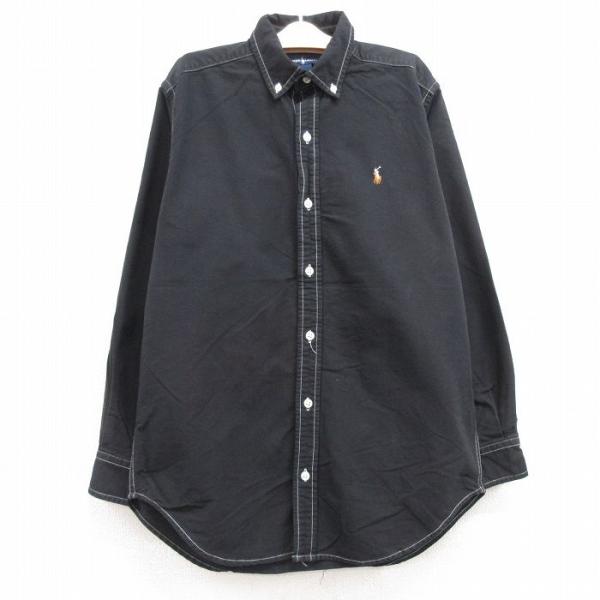 【商品番号】　lba24061996【商品名】　古着 ラルフローレン 長袖 ブランド シャツ キッズ ボーイズ 子供服 90年代 90s ワンポイントロゴ オックスフォード コットン ボタンダウン 黒【表記サイズ】　14【実寸サイズ】　着丈...