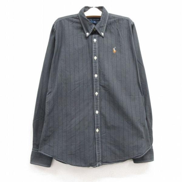 【商品番号】　lba24100453【商品名】　古着 ラルフローレン 長袖 ブランド シャツ キッズ ボーイズ 子供服 ワンポイントロゴ オックスフォード コットン ボタンダウン 黒系 ストライプ【表記サイズ】　6【実寸サイズ】　着丈（肩か...