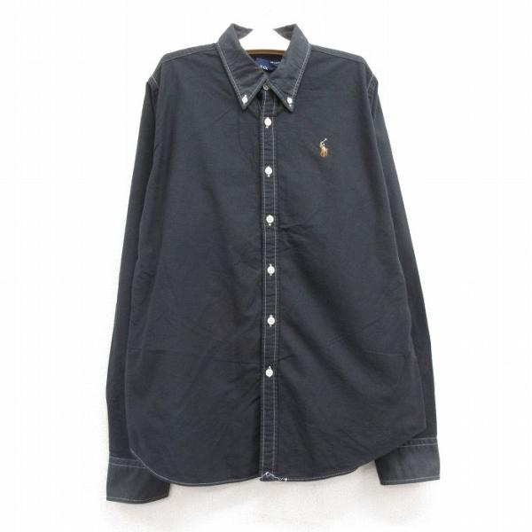 【商品番号】　lba24100455【商品名】　古着 ラルフローレン スポーツ 長袖 ブランド シャツ キッズ ボーイズ 子供服 ワンポイントロゴ オックスフォード コットン ボタンダウン 黒【表記サイズ】　8【実寸サイズ】　着丈（肩から裾...