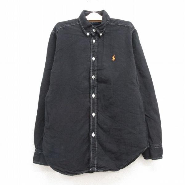 【商品番号】　lba24100458【商品名】　古着 ラルフローレン 長袖 ブランド シャツ キッズ ボーイズ 子供服 90年代 90s ワンポイントロゴ リネン ボタンダウン 黒【表記サイズ】　M 12-14【実寸サイズ】　着丈（肩から裾...