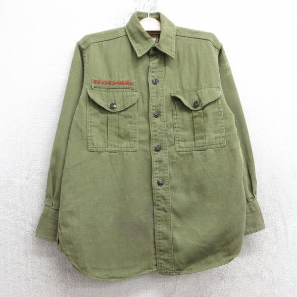 【商品番号】　lba25010225【商品名】　古着 長袖 ビンテージ ボーイスカウト シャツ キッズ ボーイズ 子供服 60年代 60s マチ付き 濃緑系【spe】【表記サイズ】　なし【実寸サイズ】　着丈（肩から裾）57cm　着幅（脇から...