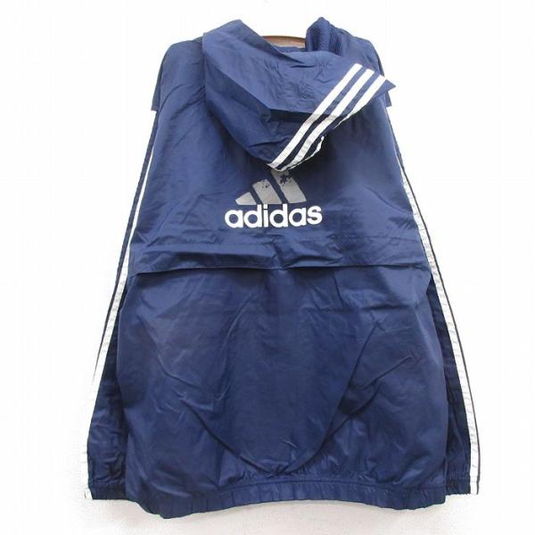 【商品番号】　lba25010596【商品名】　古着 アディダス adidas 長袖 ナイロン ジャケット パーカー キッズ ボーイズ 子供服 90年代 90s ビッグロゴ 紺 3本ライン 内側メッシュ【表記サイズ】　XL【実寸サイズ】　着...
