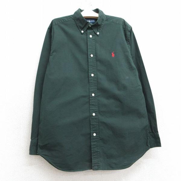 【商品番号】　lba25021207【商品名】　古着 ラルフローレン 長袖 ブランド シャツ キッズ ボーイズ 子供服 90年代 90s ワンポイントロゴ コットン ボタンダウン 緑【表記サイズ】　L 14-16【実寸サイズ】　着丈（肩から...