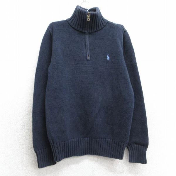 【商品番号】　lba25030378【商品名】　古着 ラルフローレン 長袖 ブランド ハーフジップ セーター キッズ ボーイズ 子供服 ワンポイントロゴ 紺【表記サイズ】　なし【実寸サイズ】　着丈（肩から裾）56cm　着幅（脇から脇）43c...