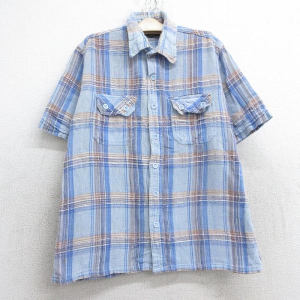 【商品番号】　lba25051186【商品名】　古着 半袖 シャツ キッズ ボーイズ 子ども服 80年代 80s コットン 水色他 チェック【表記サイズ】　なし【実寸サイズ】　着丈（肩から裾）58cm　着幅（脇から脇）46cm　肩幅37cm...