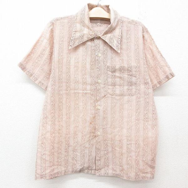 【商品番号】　lba25051651【商品名】　古着 半袖 シャツ キッズ ボーイズ 子供服 70年代 70s 茶系 ストライプ【表記サイズ】　14【実寸サイズ】　着丈（肩から裾）56cm　着幅（脇から脇）46cm　肩幅38cm【素材】　コ...