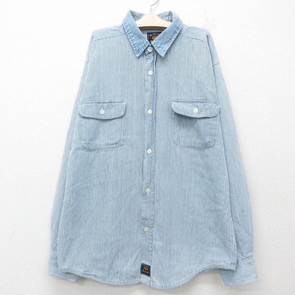 【商品番号】　lba25051855【商品名】　古着 ルート66 長袖 シャツ キッズ ボーイズ 子供服 00年代 00s 襟デニム コットン 紺他 ストライプ【表記サイズ】　14-16【実寸サイズ】　着丈（肩から裾）71cm　着幅（脇から...