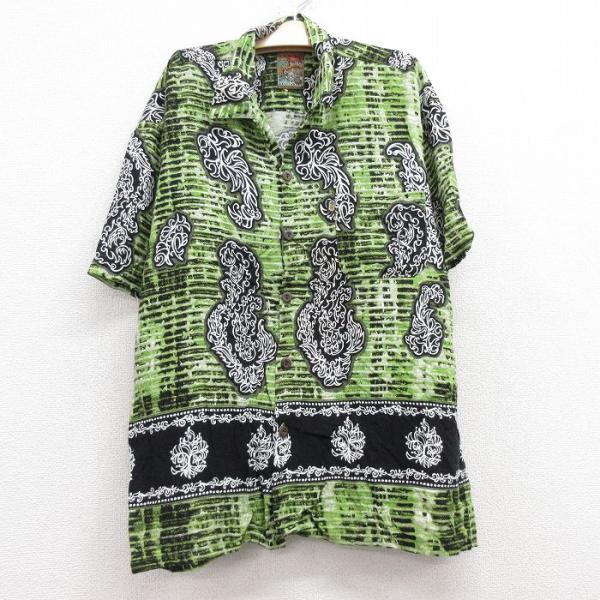 【商品番号】　lba25060778【商品名】　古着 半袖 ハワイアン シャツ キッズ ボーイズ 子供服 90年代 90s 総柄 レーヨン 開襟 オープンカラー 黄緑他【表記サイズ】　L【実寸サイズ】　着丈（肩から裾）66cm　着幅（脇から...
