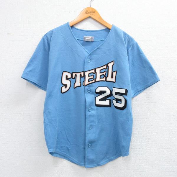 【商品番号】　lba25072441【商品名】　古着 半袖 ベースボール シャツ キッズ ボーイズ 子供服 90年代 90s STEEL 25 USA製 薄紺【表記サイズ】　L 34-36【実寸サイズ】　着丈（肩から裾）68cm　着幅（脇か...
