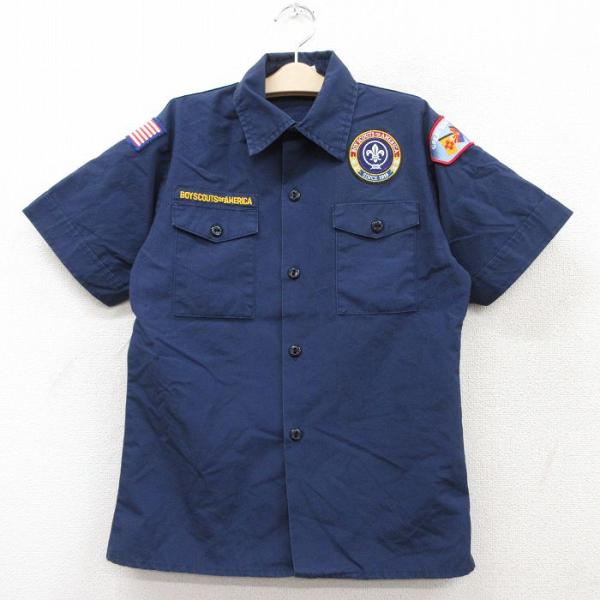 【商品番号】　lba25080940【商品名】　古着 半袖 ボーイスカウト シャツ キッズ ボーイズ 子供服 90年代 90s ワッペン 紺【表記サイズ】　YOUTH M【実寸サイズ】　着丈（肩から裾）60cm　着幅（脇から脇）45cm　肩...