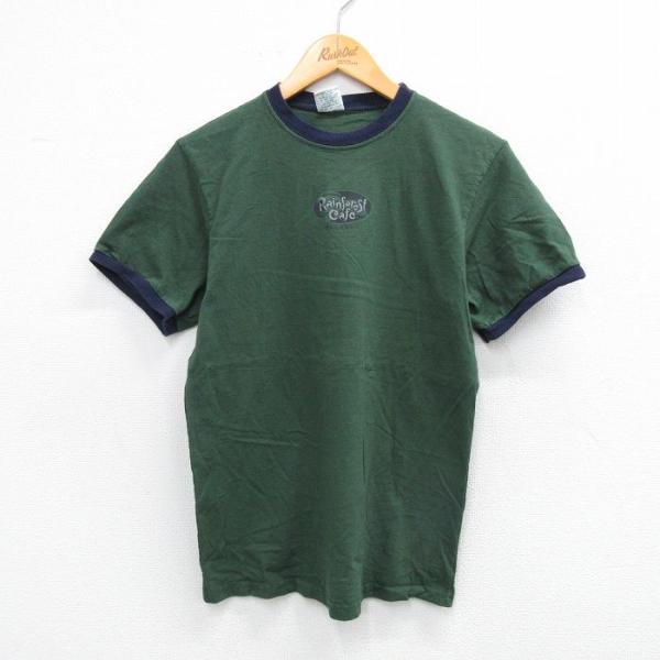 【商品番号】　lba25081113【商品名】　古着 半袖 ビンテージ Tシャツ キッズ ボーイズ 子供服 90年代 90s Rainforest CAF? コットン クルーネック USA製 緑 リンガー【表記サイズ】　XL【実寸サイズ】　...