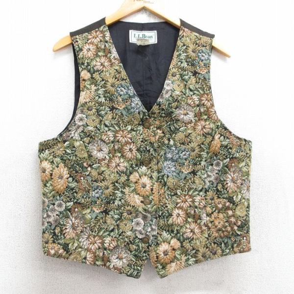 【商品番号】　lou25101677【商品名】　古着 エルエルビーン ベスト レディース 80年代 80s 花柄 ゴブラン織り USA製 緑系他【表記サイズ】　WOMENS 16【実寸サイズ】　着丈（肩から裾）56cm　着幅（脇から脇）52...