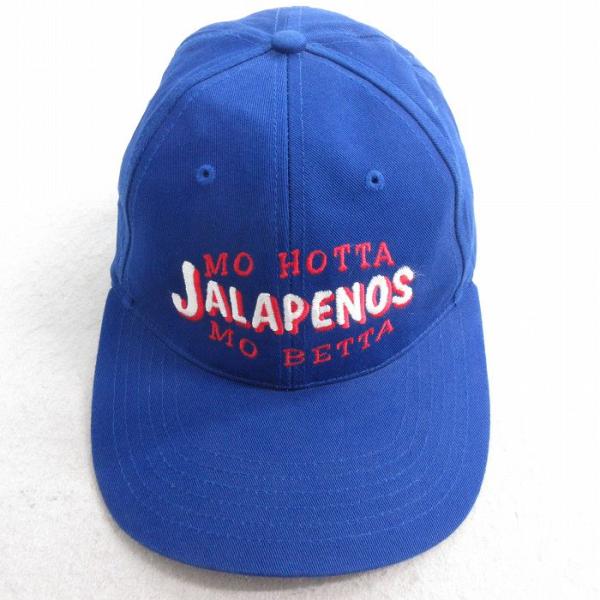 【商品番号】　nc25071427【商品名】　中古 キャップ JALAPENOS 刺繍 青【表記サイズ】　なし【実寸サイズ】　頭周り56〜62cm　深さ12cm【素材】　コットン100%【程度】　B【コンディション】　汚れ【仕入先】　アメリ...