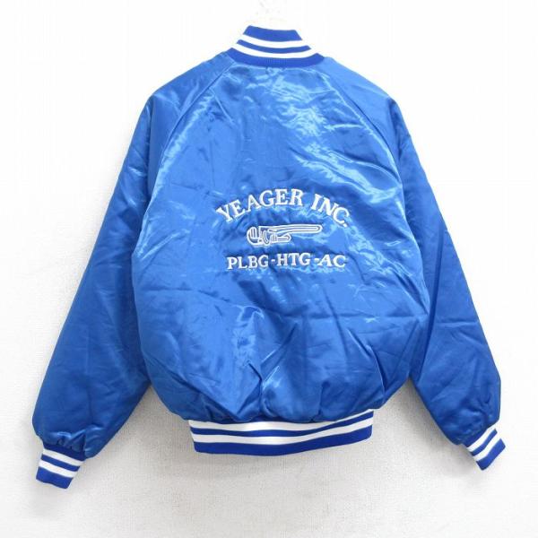 【商品番号】　ouny25081297【商品名】　M★古着 長袖 ナイロン ジャケット メンズ 80年代 80s YEAGER INC 刺繍 ラグラン USA製 青 内側キルティング【メンズ参考サイズ】　M【表記サイズ】　M【実寸サイズ】　...