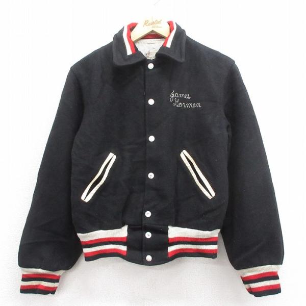 【商品番号】　oust25091636【商品名】　S★古着 長袖 スタジャン メンズ 80年代 80s 黒【メンズ参考サイズ】　S【表記サイズ】　34【実寸サイズ】　着丈（肩から裾）55cm　着幅（脇から脇）50cm　肩幅45cm　肩袖丈（...