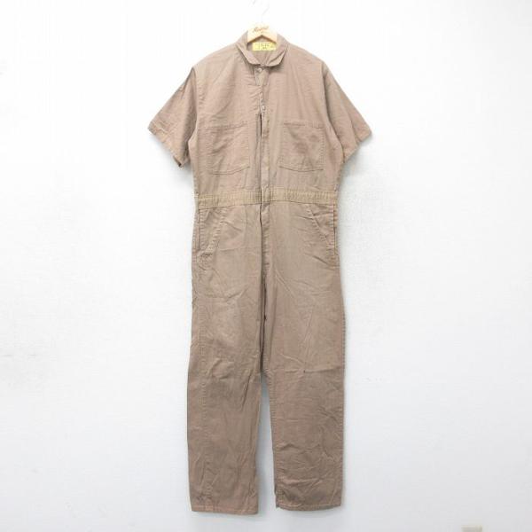 【商品番号】　ova25061873【商品名】　W41★古着 半袖 ワーク ツナギ メンズ 90年代 90s ヘリンボーン 大きいサイズ コットン USA製 薄茶【表記サイズ】　44【実寸サイズ】　総丈（肩から裾）158cm　着幅（脇から脇...