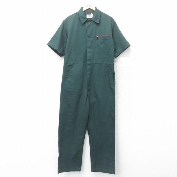【商品番号】　ova25061877【商品名】　W38★古着 半袖 ワーク ツナギ メンズ 90年代 90s USA製 濃緑【表記サイズ】　MED【実寸サイズ】　総丈（肩から裾）144cm　着幅（脇から脇）54cm　ウエスト（腰まわり）96...