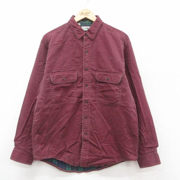【商品番号】　shbd25092106【商品名】　L★古着 エルエルビーン 長袖 ブランド シャツ メンズ 90年代 90s コットン カナダ製 エンジ 内側フランネル【メンズ参考サイズ】　L【表記サイズ】　M　REG【実寸サイズ】　着丈（...