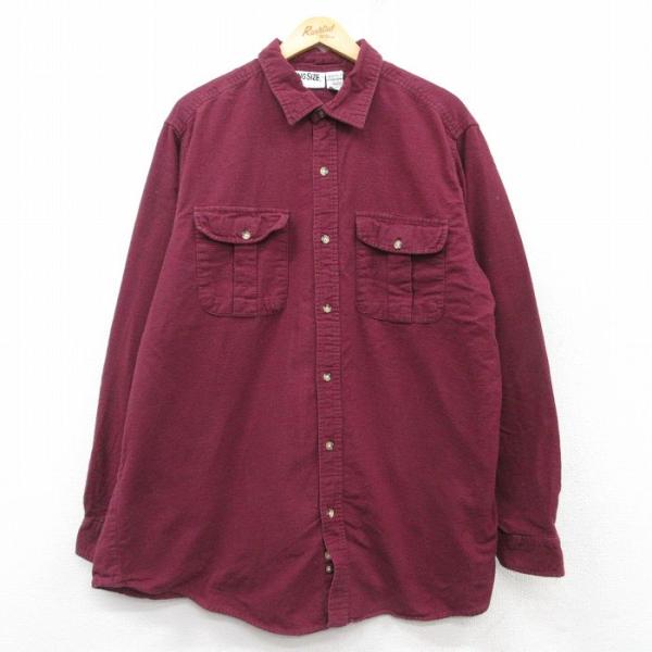 【商品番号】　shne25021788【商品名】　XL★古着 キングサイズ 長袖 ヘビー フランネル シャツ メンズ 大きいサイズ ロング丈 コットン エンジ【spe】【メンズ参考サイズ】　XL【表記サイズ】　XL【実寸サイズ】　着丈（肩か...