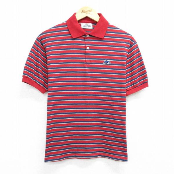 【商品番号】　shp25062220【商品名】　L★古着 半袖 ポロ シャツ メンズ 80年代 80s USA製 赤他 ボーダー【spe】【メンズ参考サイズ】　L【表記サイズ】　L【実寸サイズ】　着丈（肩から裾）63cm　着幅（脇から脇）5...