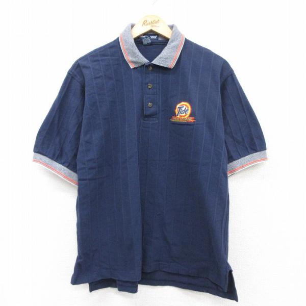 【商品番号】　shp25074148【商品名】　XL★古着 半袖 ポロ シャツ メンズ 90年代 90s Tide レーシング コットン USA製 紺他【メンズ参考サイズ】　XL【表記サイズ】　L【実寸サイズ】　着丈（肩から裾）66cm　着...