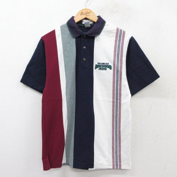 【商品番号】　shp25074775【商品名】　M★古着 マンシングウェア 半袖 ポロ シャツ メンズ 90年代 90s BRICKYARD 鹿の子 コットン USA製 白他 ストライプ【メンズ参考サイズ】　M【表記サイズ】　S【実寸サイズ...