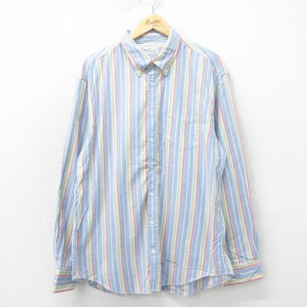 【商品番号】　shr24081267【商品名】　XL★古着 GANT 長袖 シャツ メンズ 90年代 90s オックスフォード ロング丈 コットン ボタンダウン 薄紺 ストライプ【メンズ参考サイズ】　XL【表記サイズ】　2XL【実寸サイズ】...