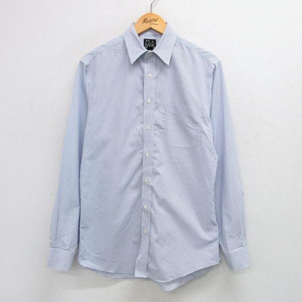 【商品番号】　shr25033400【商品名】　M★古着 JOS A BANK 長袖 シャツ メンズ コットン 紺他 ストライプ【メンズ参考サイズ】　M【表記サイズ】　35【実寸サイズ】　着丈（肩から裾）78cm　着幅（脇から脇）55cm　...