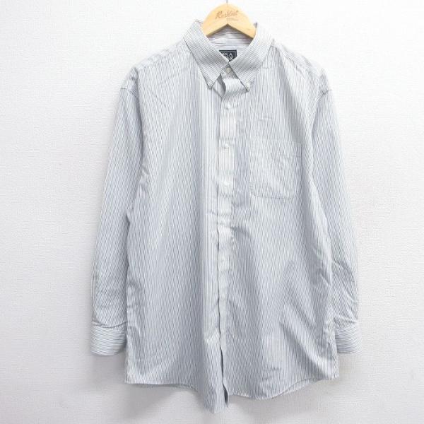 【商品番号】　shr25040400【商品名】　L★古着 JOS A BANK 長袖 シャツ メンズ ロング丈 コットン 白他 ストライプ【メンズ参考サイズ】　L【表記サイズ】　17.5【実寸サイズ】　着丈（肩から裾）81cm　着幅（脇から...