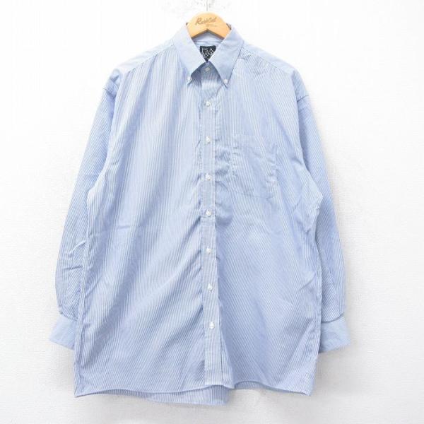 【商品番号】　shr25053816【商品名】　XL★古着 JOS A BANK 長袖 シャツ メンズ 大きいサイズ ロング丈 コットン ボタンダウン 紺他 ストライプ【メンズ参考サイズ】　XL【表記サイズ】　16.5-34【実寸サイズ】　...