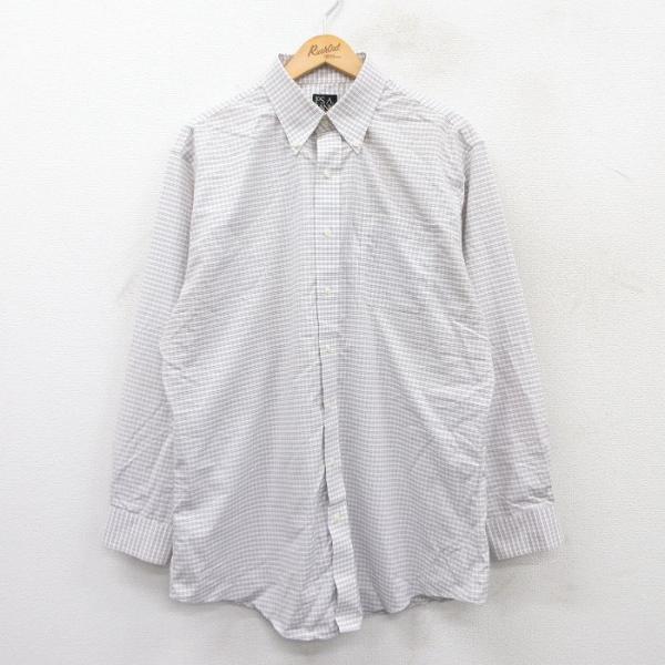 【商品番号】　shr25054214【商品名】　XL★古着 JOS A BANK 長袖 シャツ メンズ ロング丈 コットン ボタンダウン 白他 チェック【メンズ参考サイズ】　XL【表記サイズ】　17【実寸サイズ】　着丈（肩から裾）84cm　...